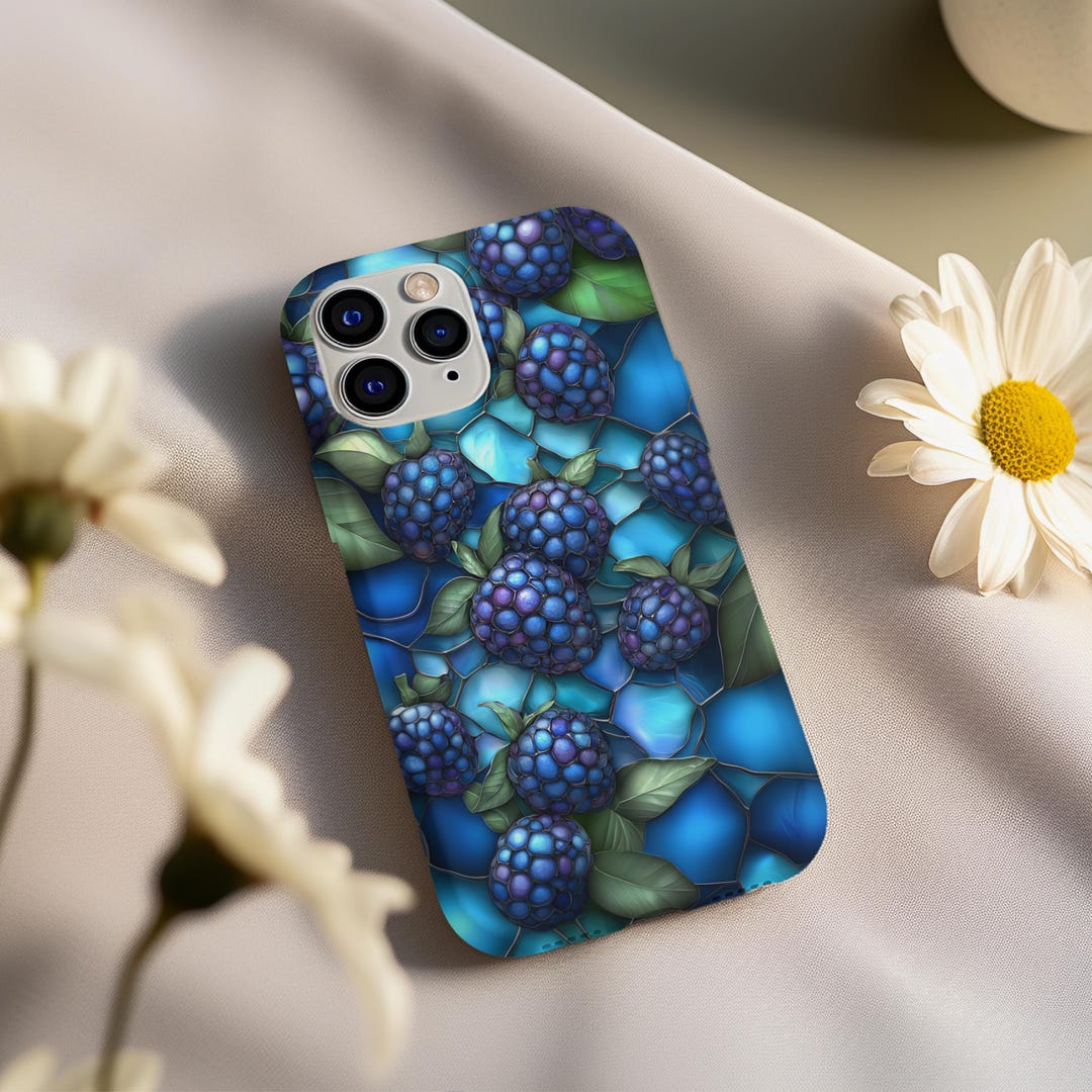 Raspberry in Blue Faux Stained Glass Tough Phone Case, iPhone 16 15 14 ...