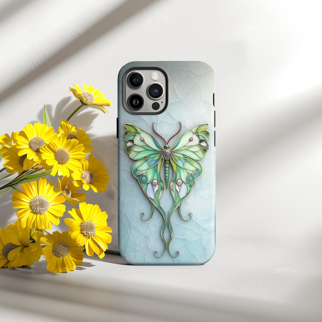 Luminous Luna Moth Faux Stained Glass Tough Phone Case, iPhone 16 15 14 ...