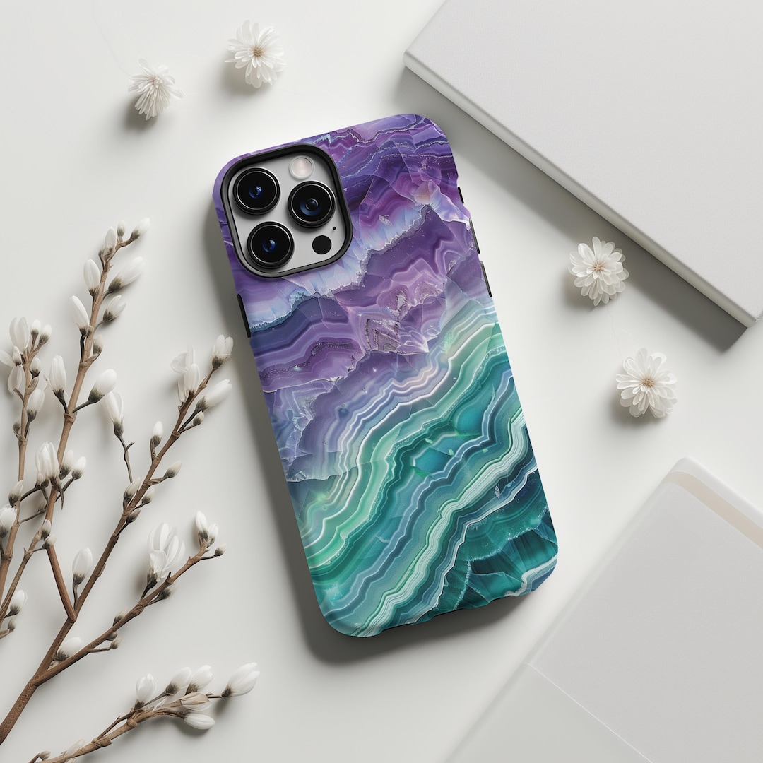 Gemstone Inspired Rainbow Fluorite Tough Phone Case, iPhone 16 15 14 ...