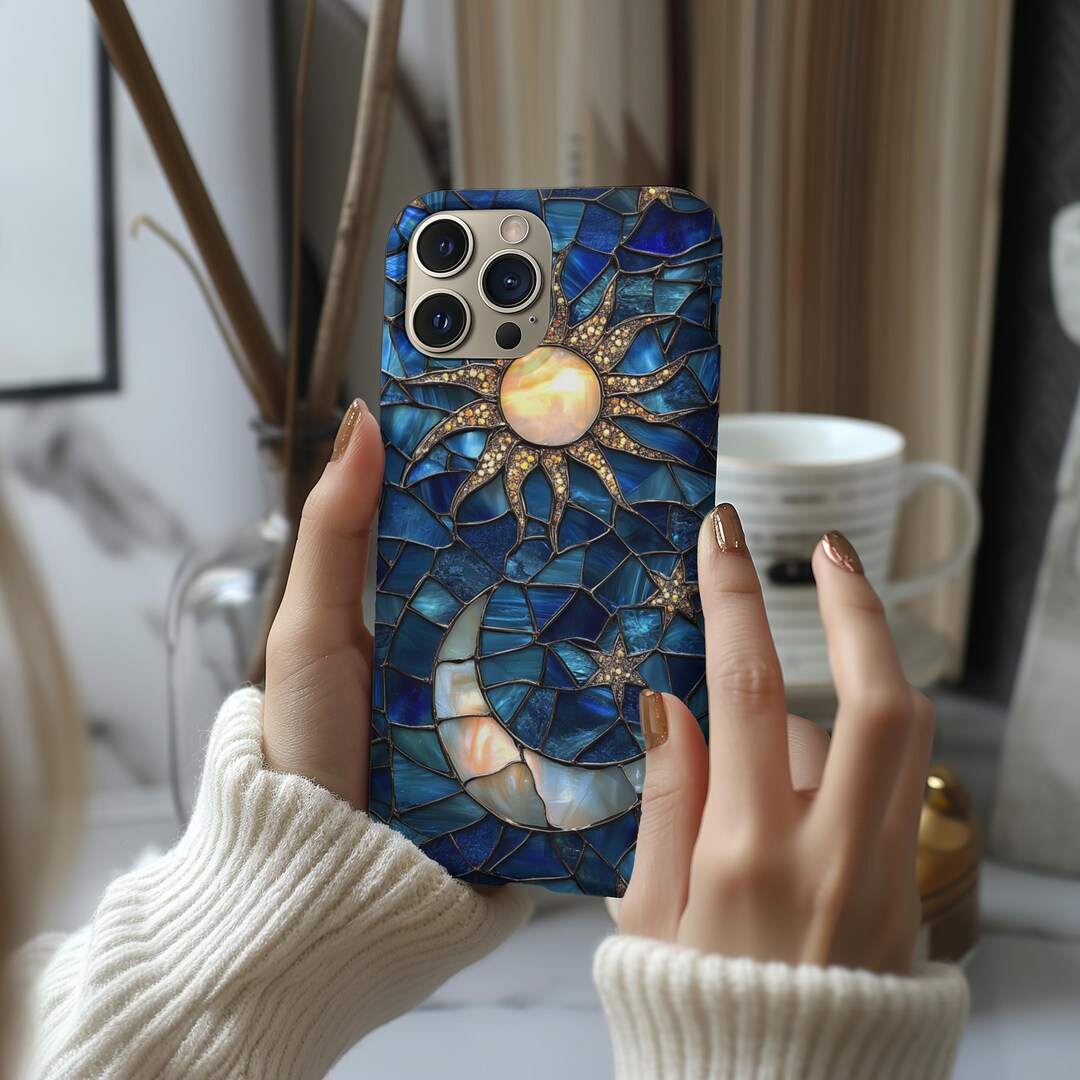 Celestial Starry Night Sky Phone Cover, 3D Faux Stained Glass Moon & Stars and Sun Phone Case ...