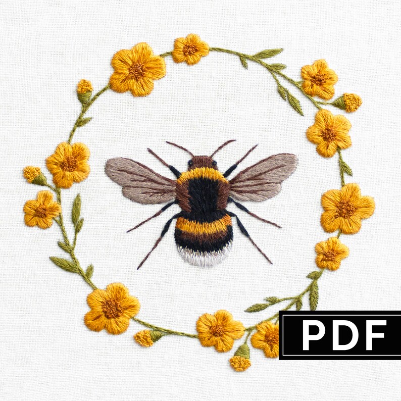 Sweet Bee & Floral Wreath: Hand Embroidery Pattern. Digital | Etsy