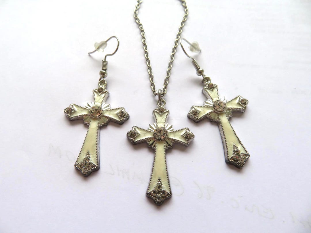 White Enamel Cross Jewelry Set – Cubic Zirconia Silver Earrings ...