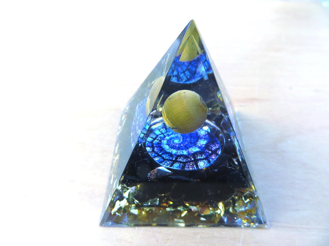 Orgone Pyramid-made From Resin-yellow Tigers Eye Ball-black Crystals ...