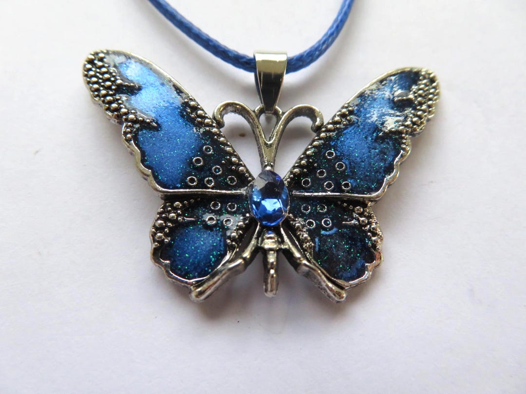 Enamelled Butterfly Pendant – Dark Blue Cord Necklace, 22 Inch - Etsy