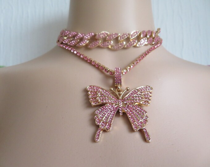 Jewellery Set-iced Out Butterfly Necklace Set-statement-cuban Links ...
