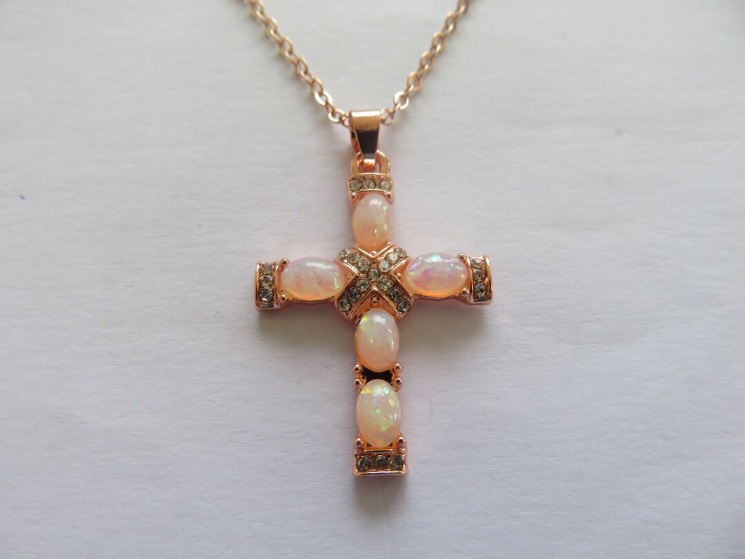 New-jesus Cross-pink Opals Mounted on Rose Gold Pendant 30 X 20mm-16 ...