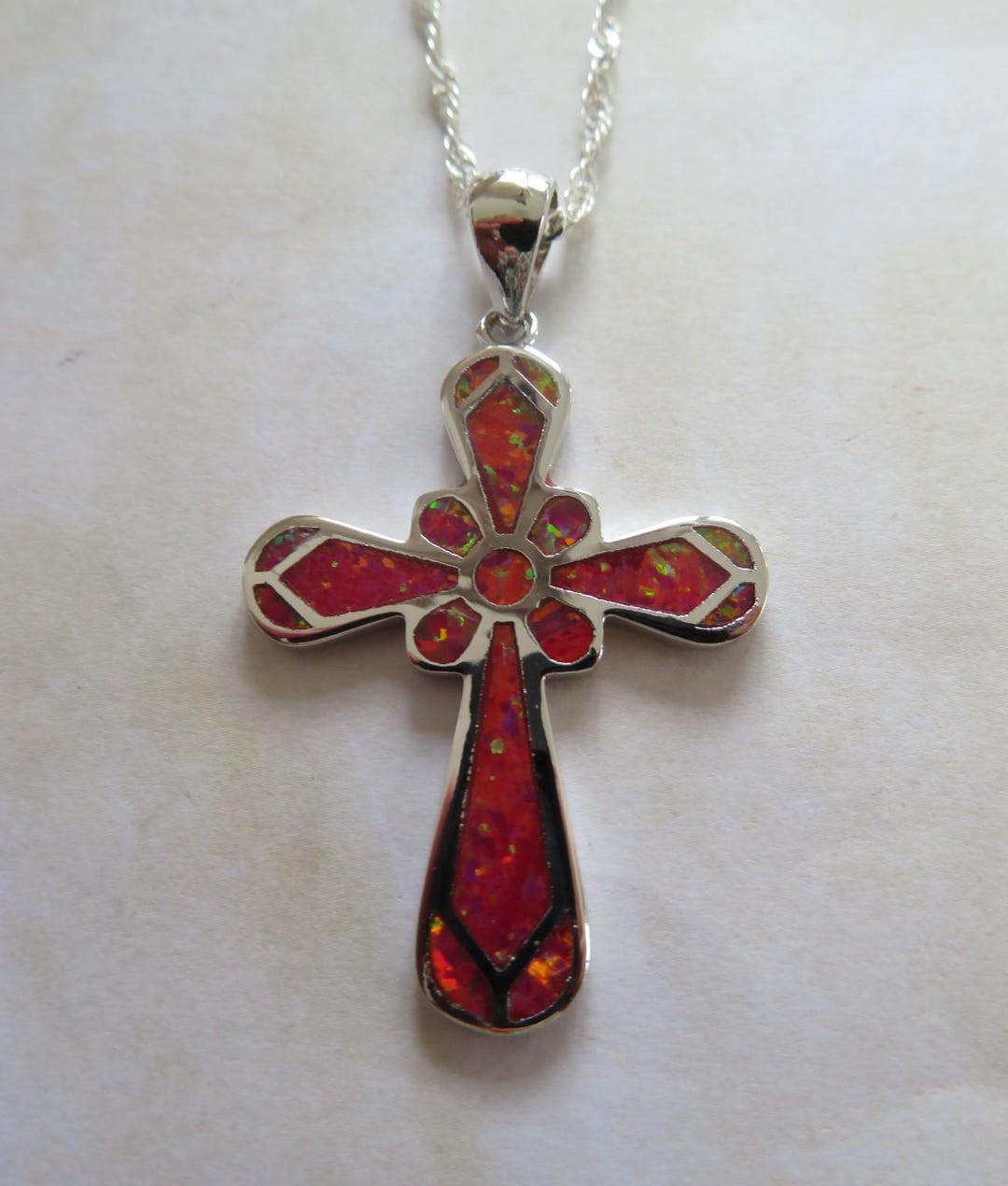 New-jesus Cross-opal Silver Cross Pendant 30 X 20mm-red Opal-18 Inch ...