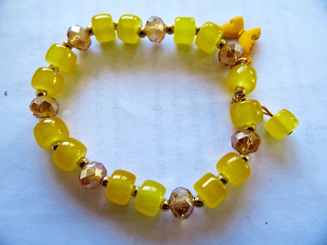 Bracelet-yellow Coloured Beads-elasticated-fits Most Wrists-gold ...