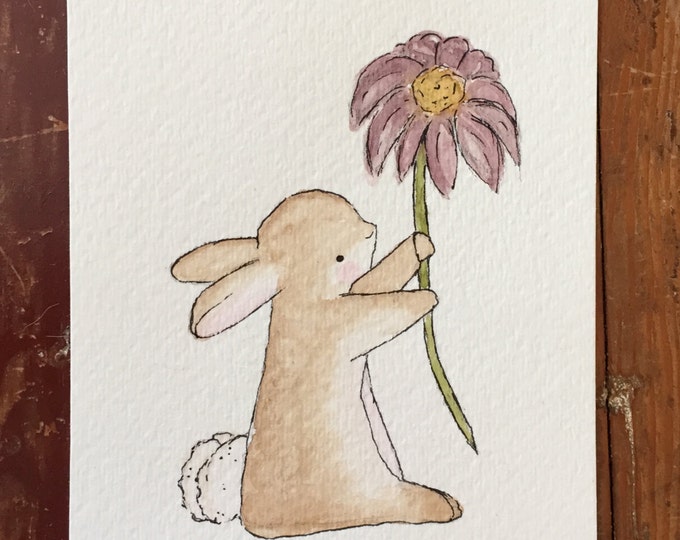 Watercolor Bunny Rabbit With Flower Original Floral Artwork - Etsy