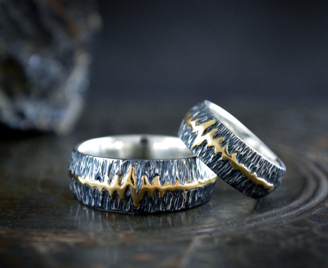 Rustic Wedding Band Heartbeat Ring Set, Matching Couple Rings - Etsy