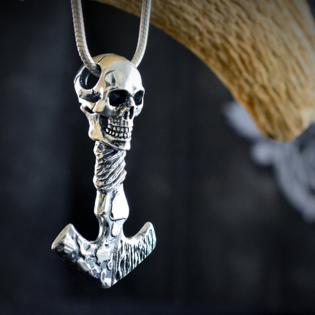 Viking Pendant Mjolnir Skull With Hammered and Oxidized Textures ...