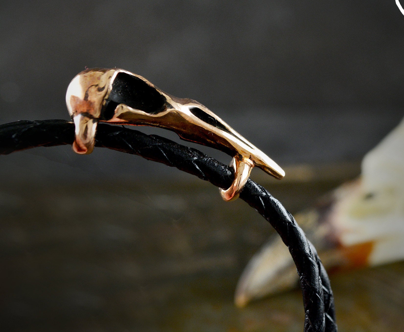 Skull raven bracelet in bronze with braided leather Viking | Etsy