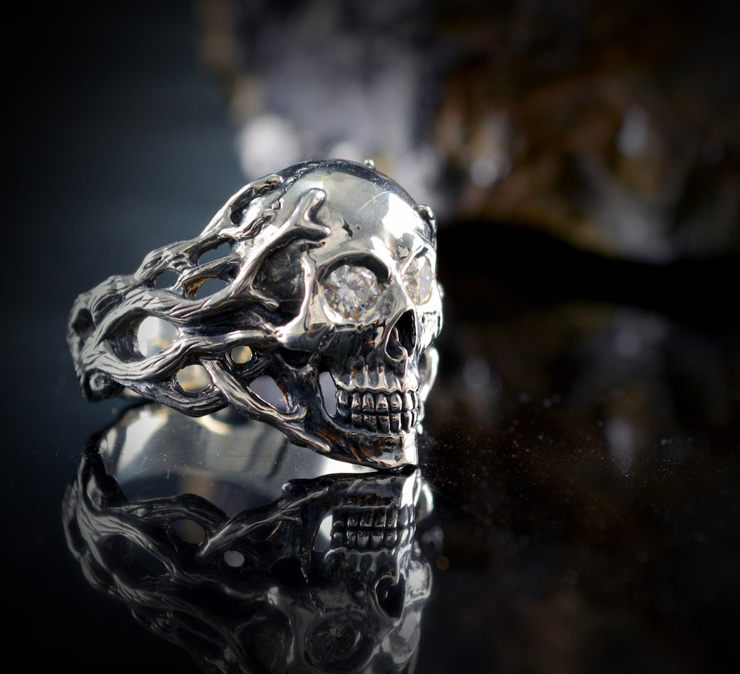 Silver Skull Ring Cthulhu, Skull With Natural Stones, Badass Jewelry, Memento Mori - Etsy