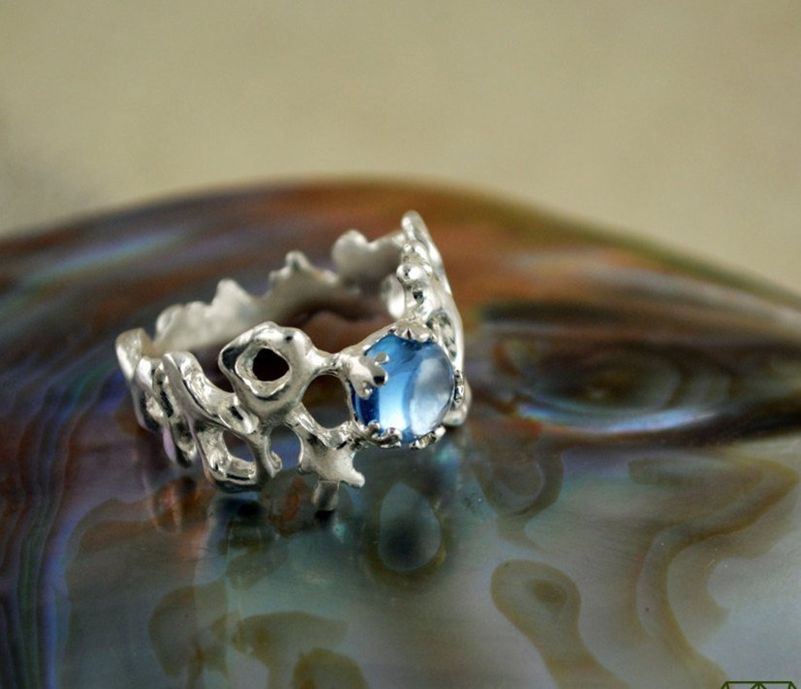 Wedding Silver Coral Ring With Blue Stone Boho Bride Ring - Etsy