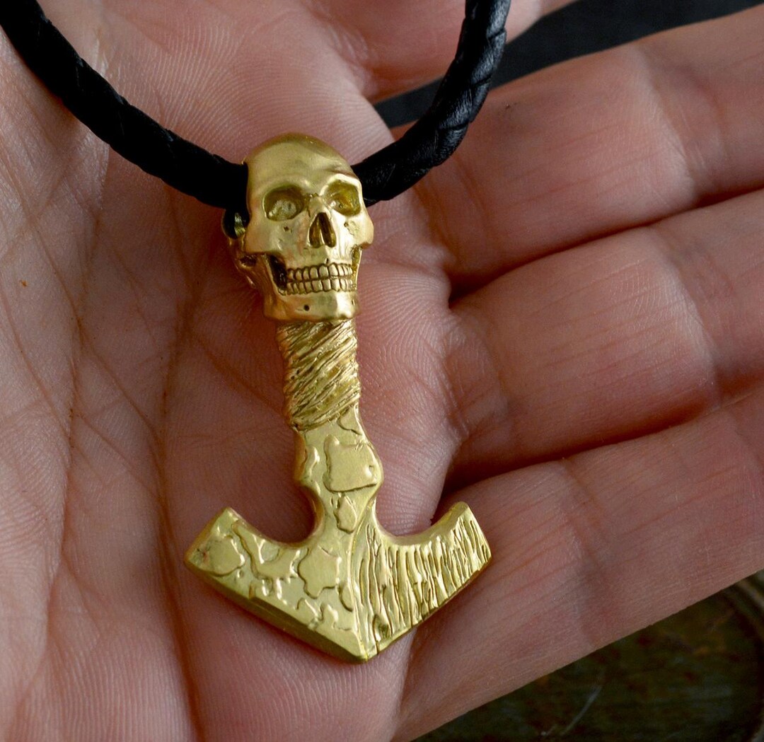 Handmade Gold Mjolnir Skull Pendant: Rustic Viking Jewelry - Etsy