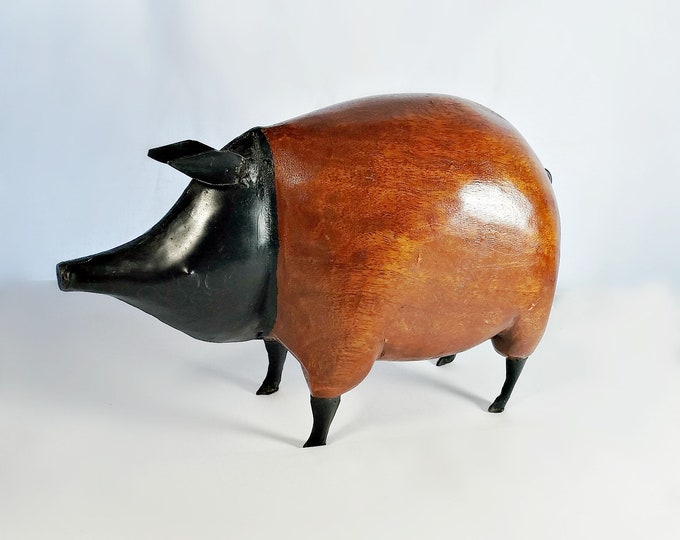 Wood Pig - Wood and Cast Iron Pig - Vintage Pig Decor - Hand Carved ...