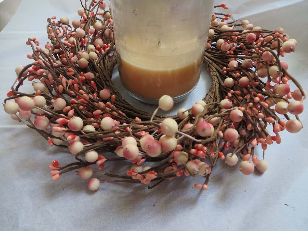 PIP BERRY WREATH or Large Candle Ring Peach Pink Cream Pip Berries Vase ...