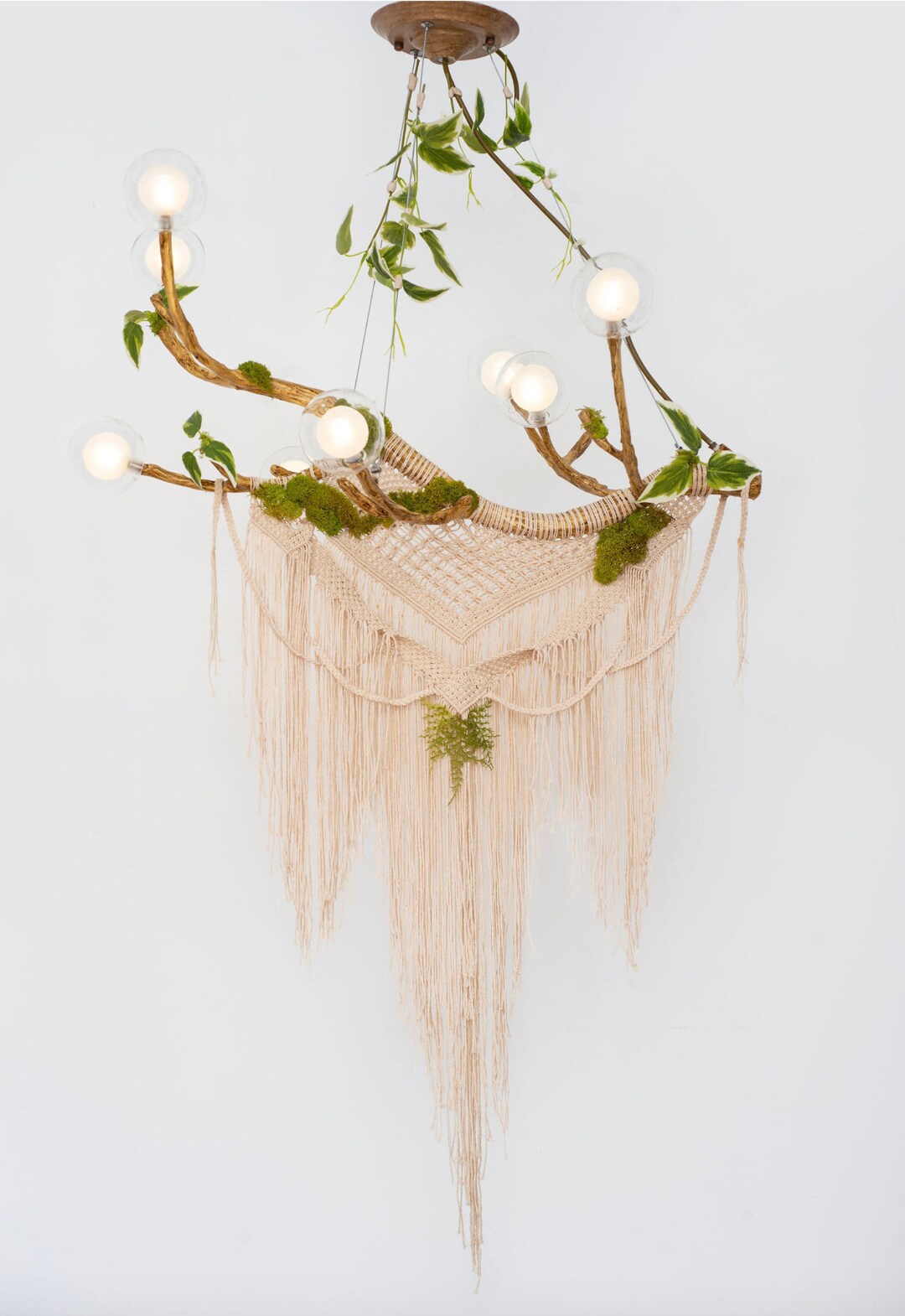 Macrame Chandelier Light Fixture on Tree Branch With Moss - Etsy