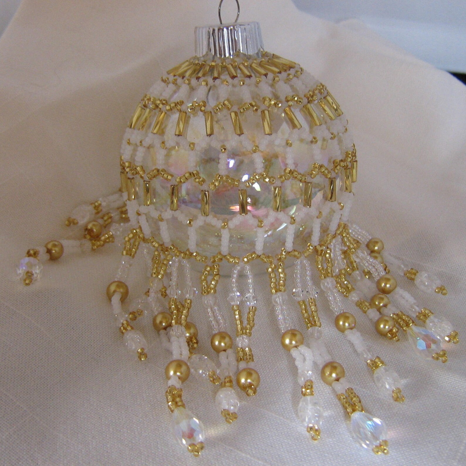 White Andgold Beaded Victorian Style Christmas Ball Cover - Etsy