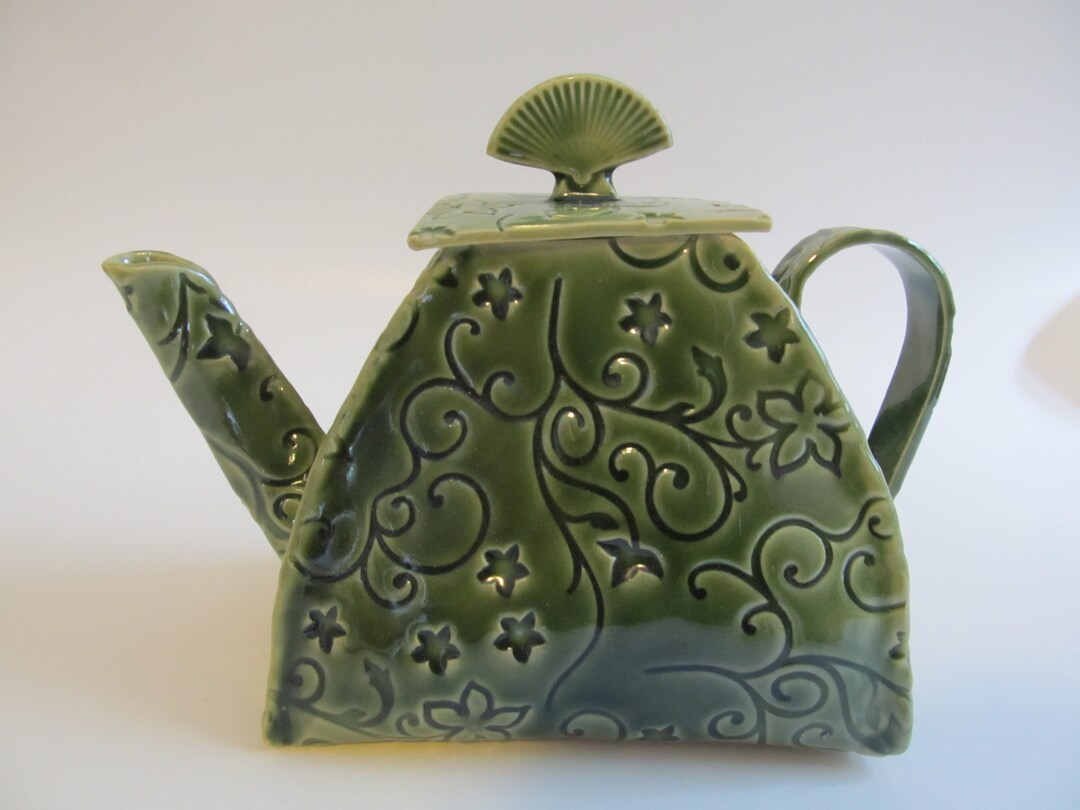 Handmade Ceramic Teapot: Spruce Green Pottery With Intricate Design - Etsy
