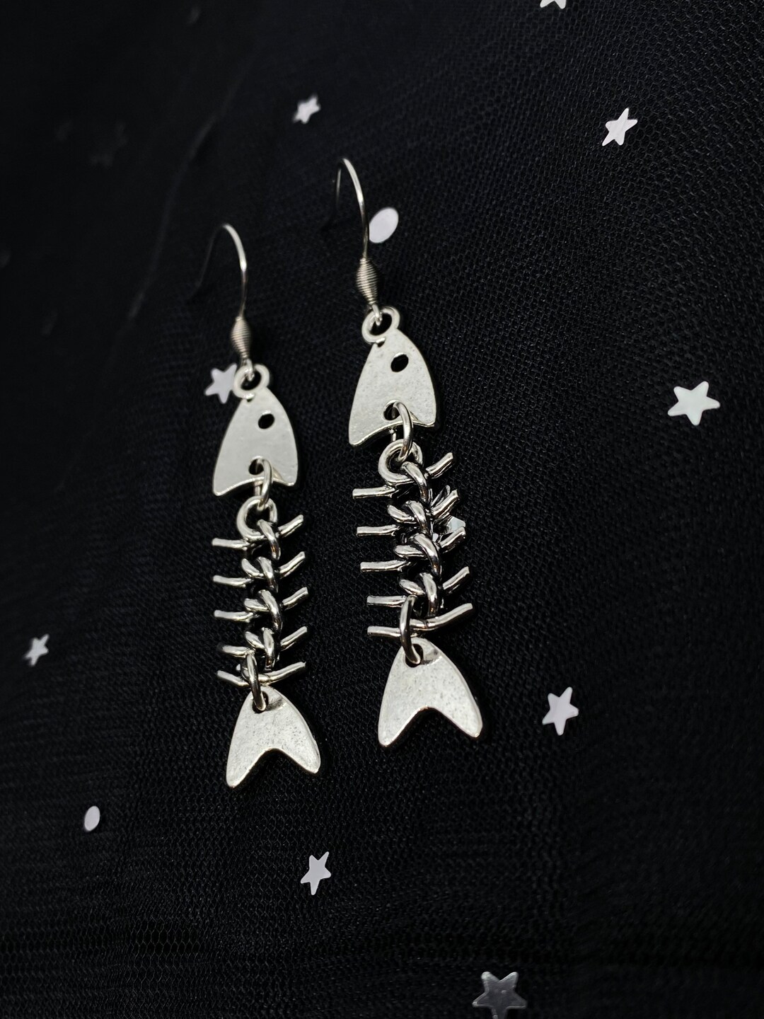 Fish Bone Dangle Earrings, Antique Silver Metal Fish Skeleton Charms ...