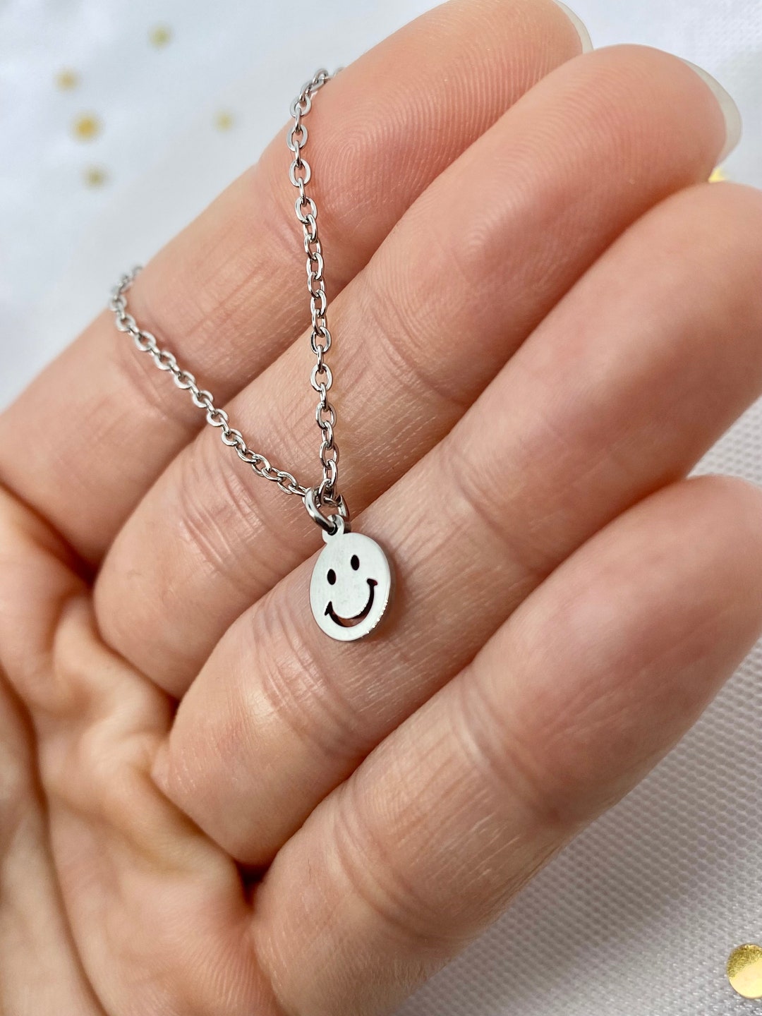 Tiny Smiley Face Charm Necklace, Stainless Steel Pendant, 1.5mm Tarnish ...
