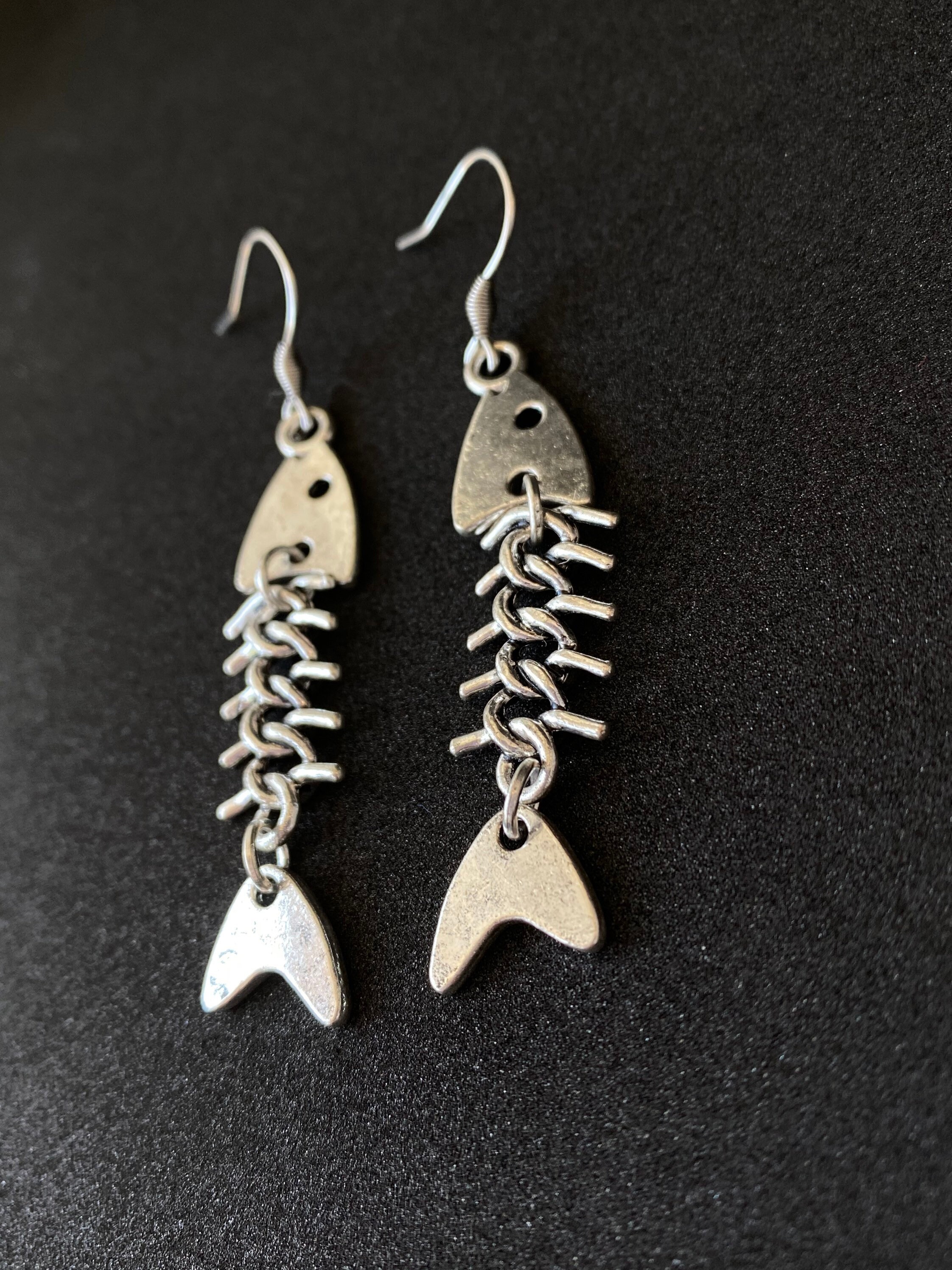 Fish bone dangle earrings antique silver metal fish skeleton | Etsy