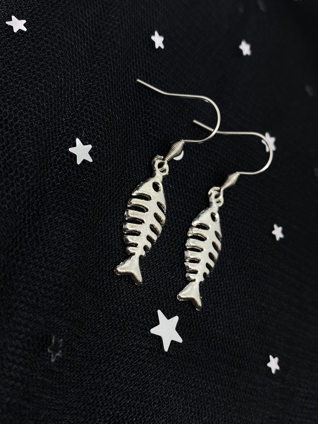 Mini Fish Bone Charm Earrings, Antique Silver Metal Fish Skeleton ...