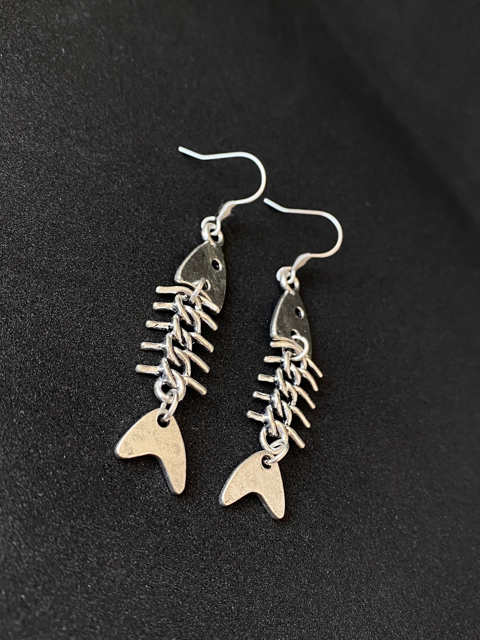 Fish bone dangle earrings antique silver metal fish skeleton | Etsy