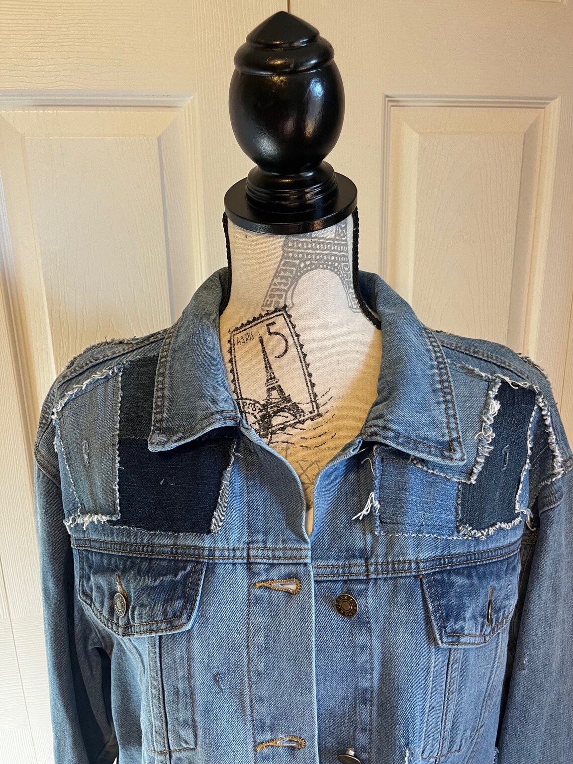 Jean Jacket Upcycled With Vintage Fabric Back and Denim Patches Size L ...