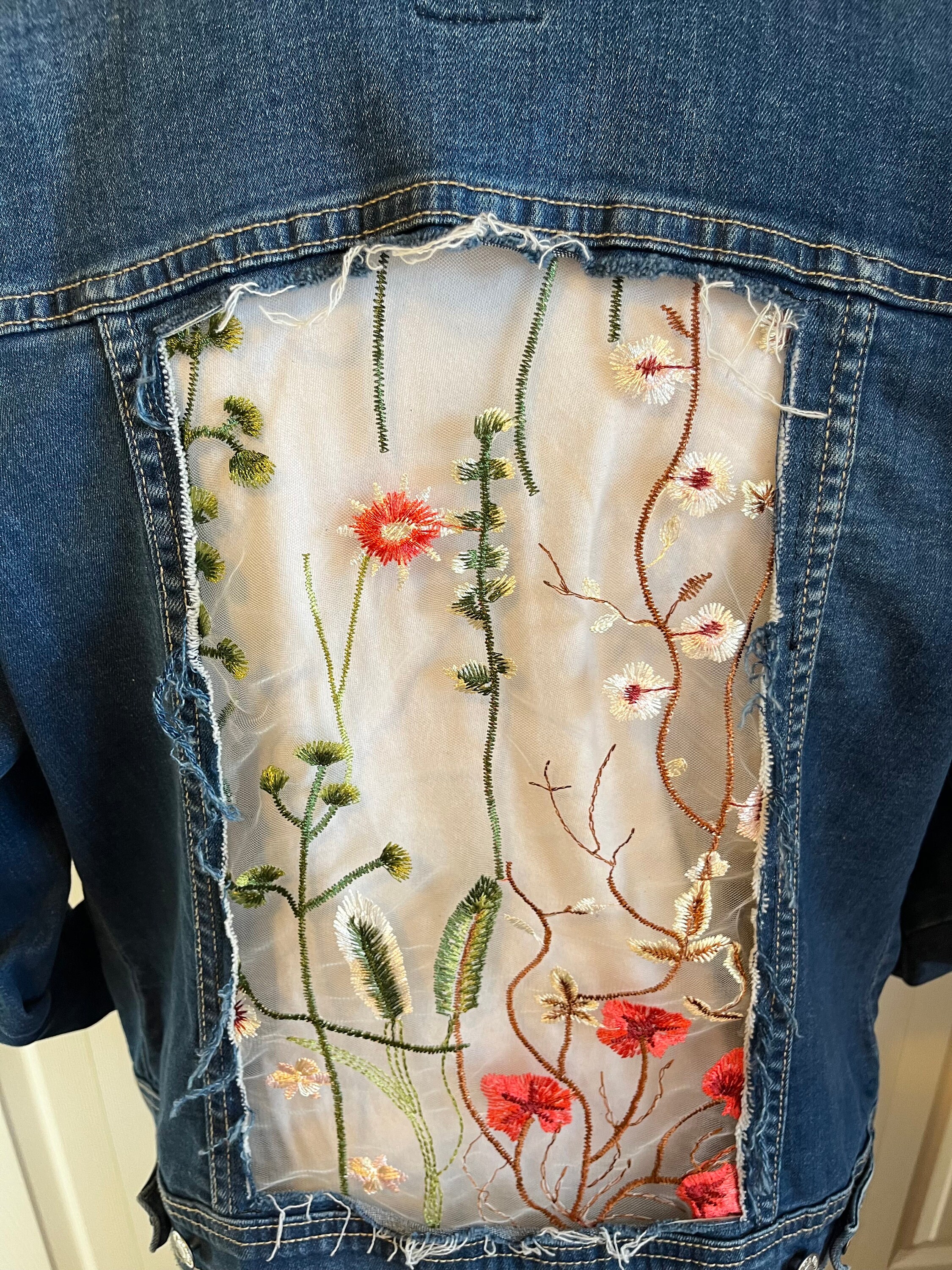 Jean Jacket Upcycled With Tulle Mesh Embroidered Fabric Size Medium ...