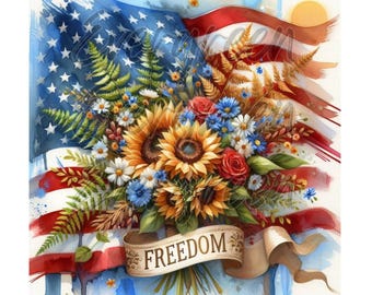 Patriotic Freedom Flag, Sunflower, Primitive Farmhouse, Instant ...