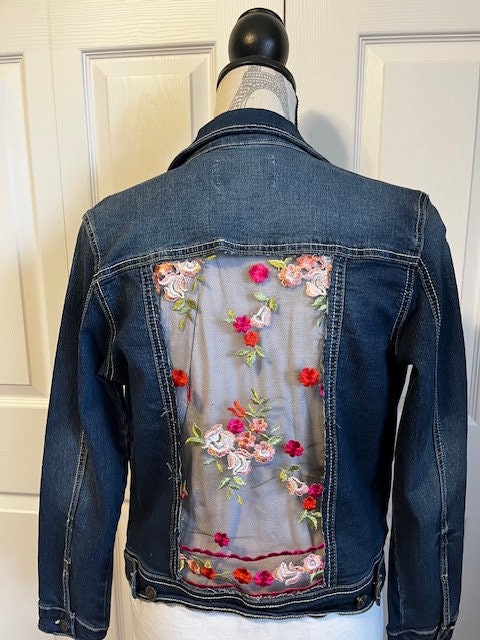 Jean Jacket Upcycled With Tulle Mesh Embroidered Fabric Size Medium ...