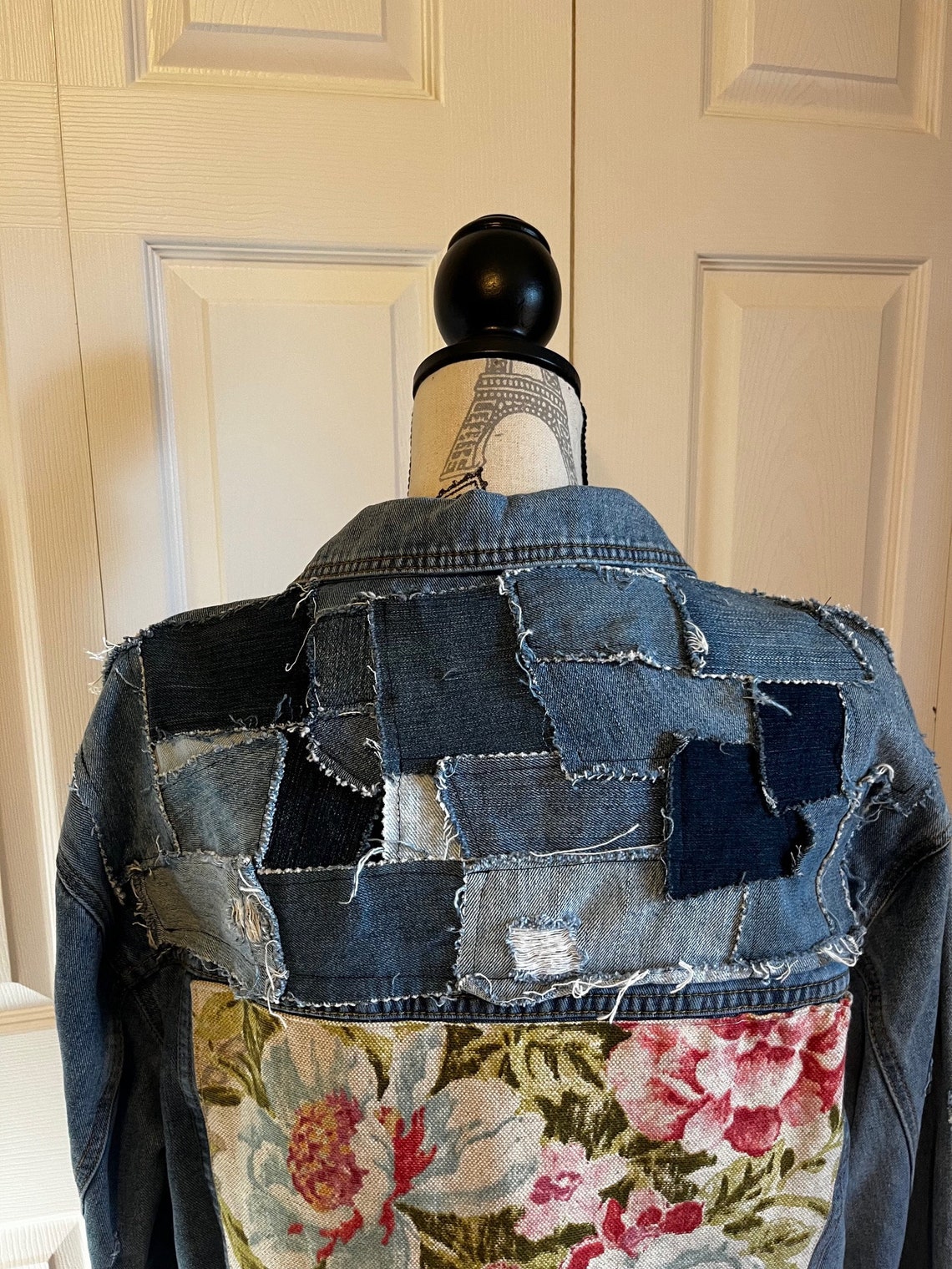 Jean Jacket Upcycled With Vintage Fabric Back and Denim Patches Size L ...