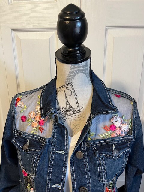 Jean Jacket Upcycled With Tulle Mesh Embroidered Fabric Size Medium ...