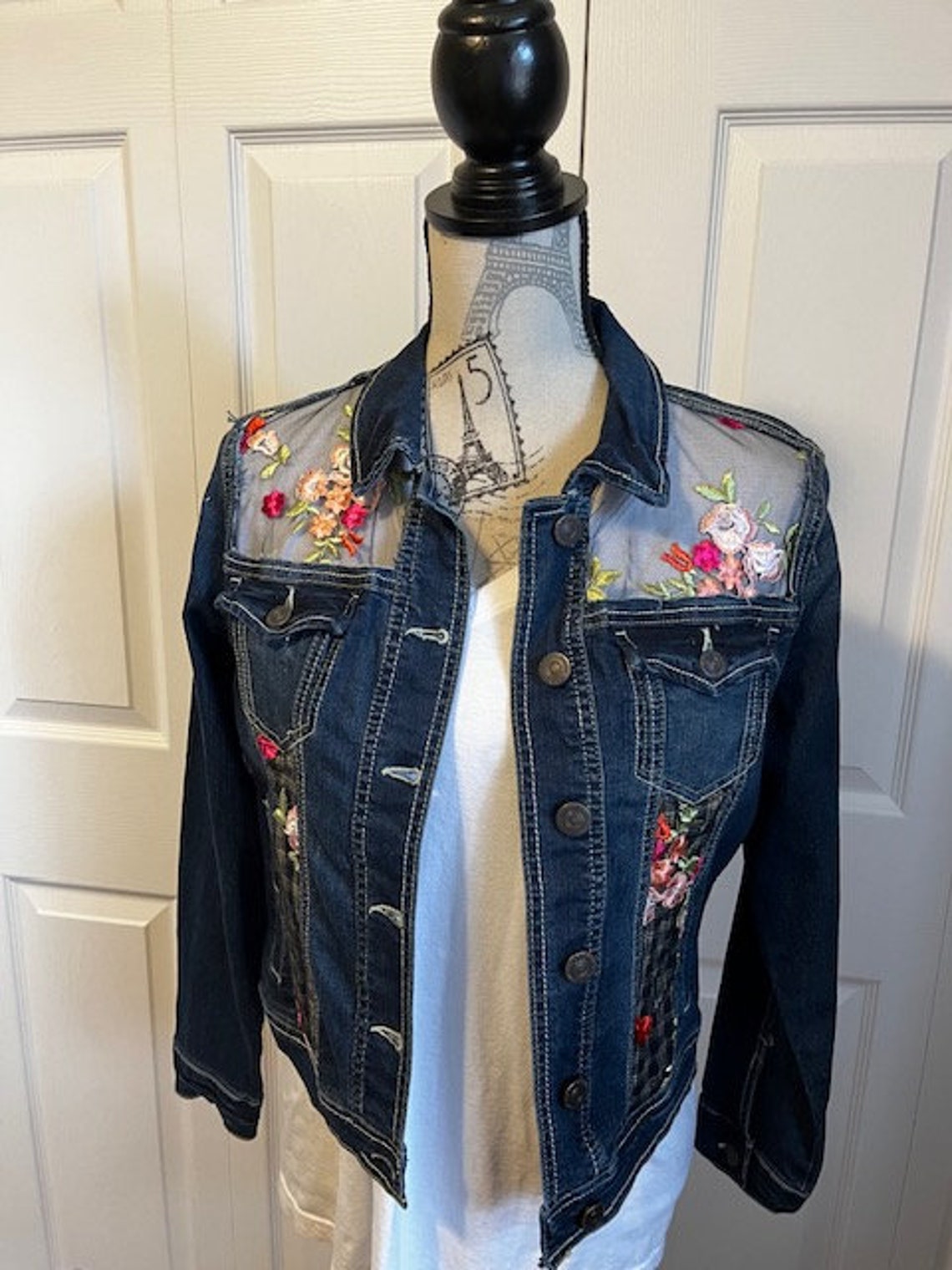 Jean Jacket Upcycled With Tulle Mesh Embroidered Fabric Size Medium ...