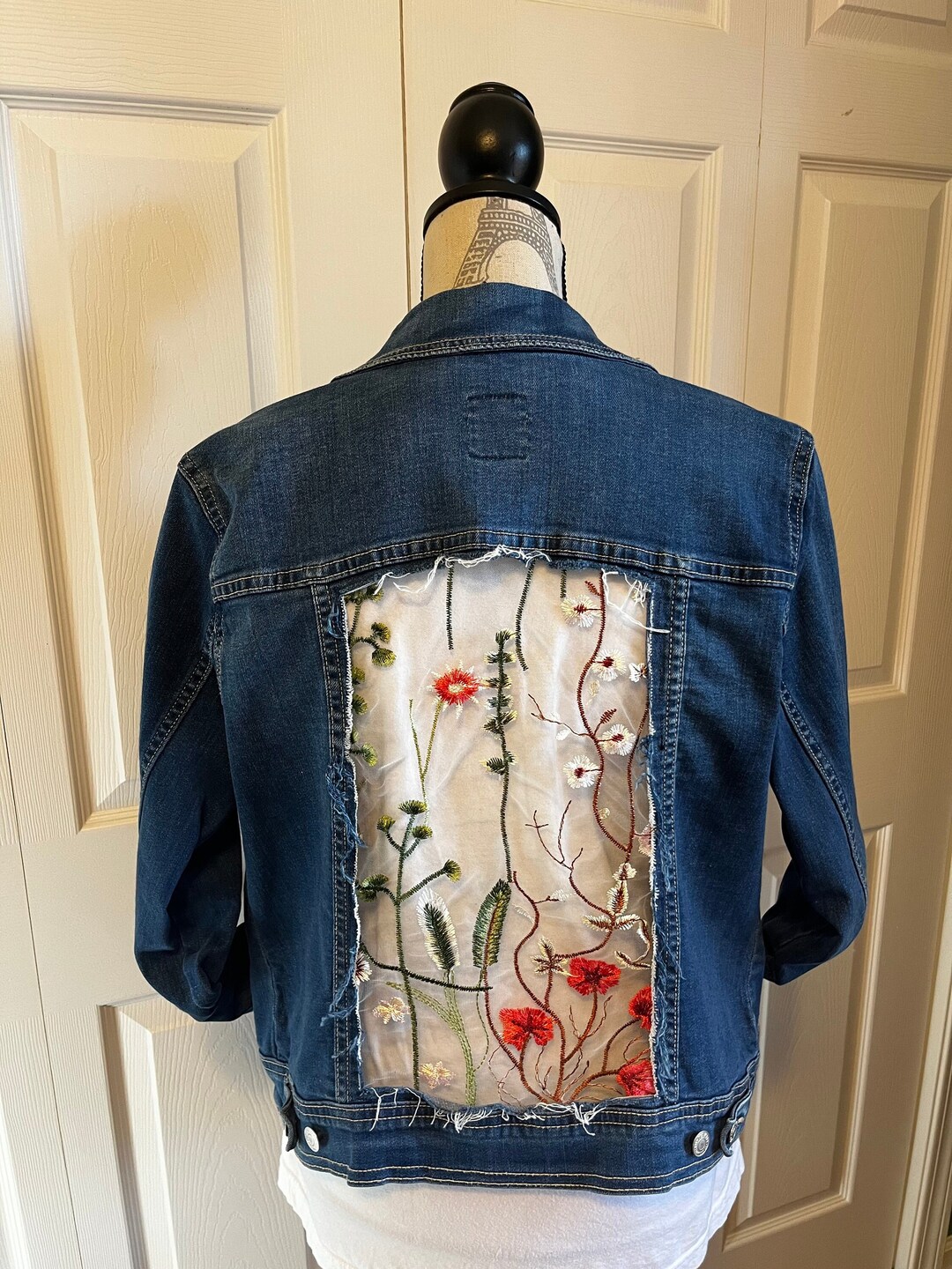 Jean Jacket Upcycled With Tulle Mesh Embroidered Fabric Size Medium ...