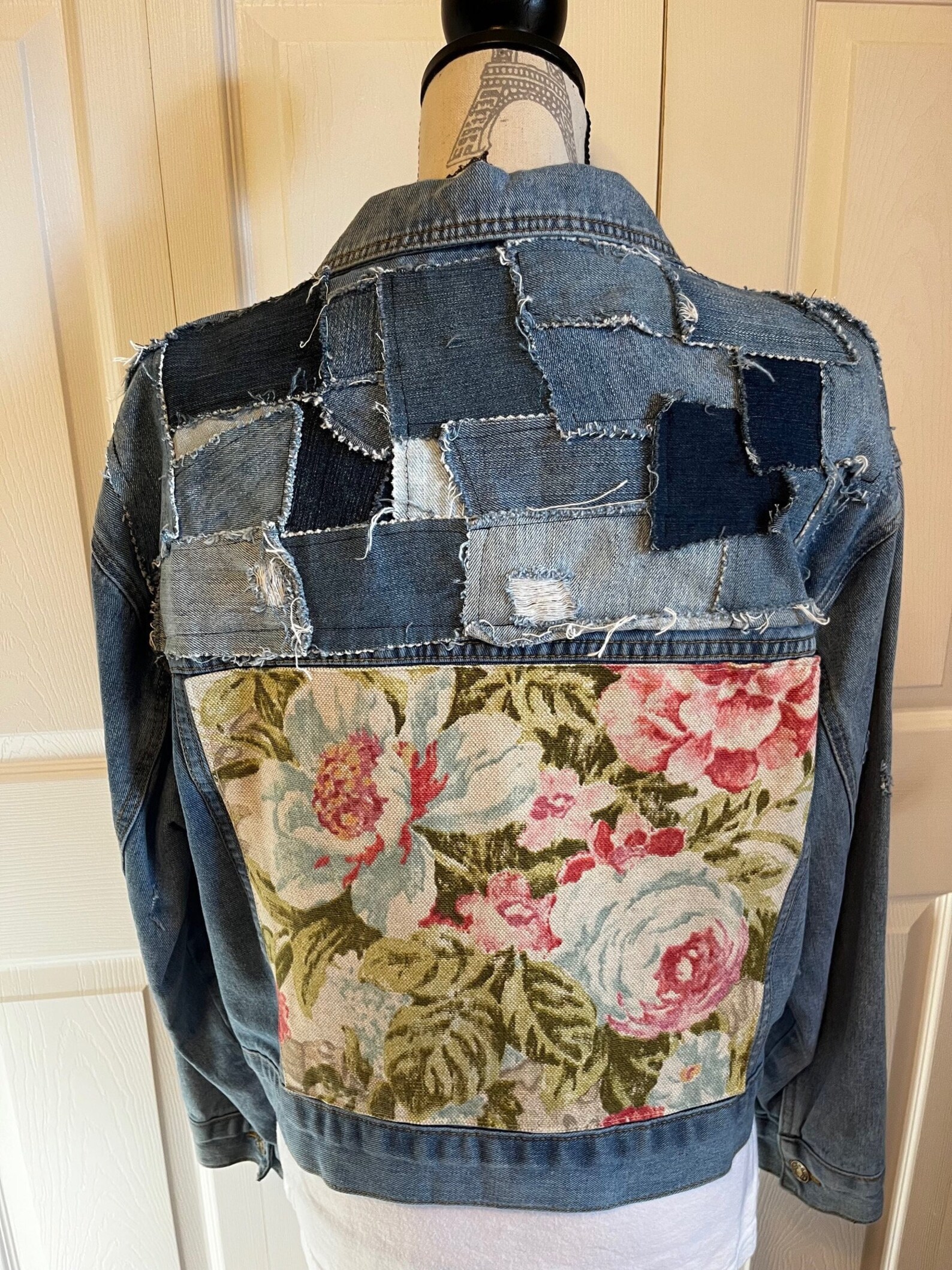 Jean Jacket Upcycled With Vintage Fabric Back and Denim Patches Size L ...