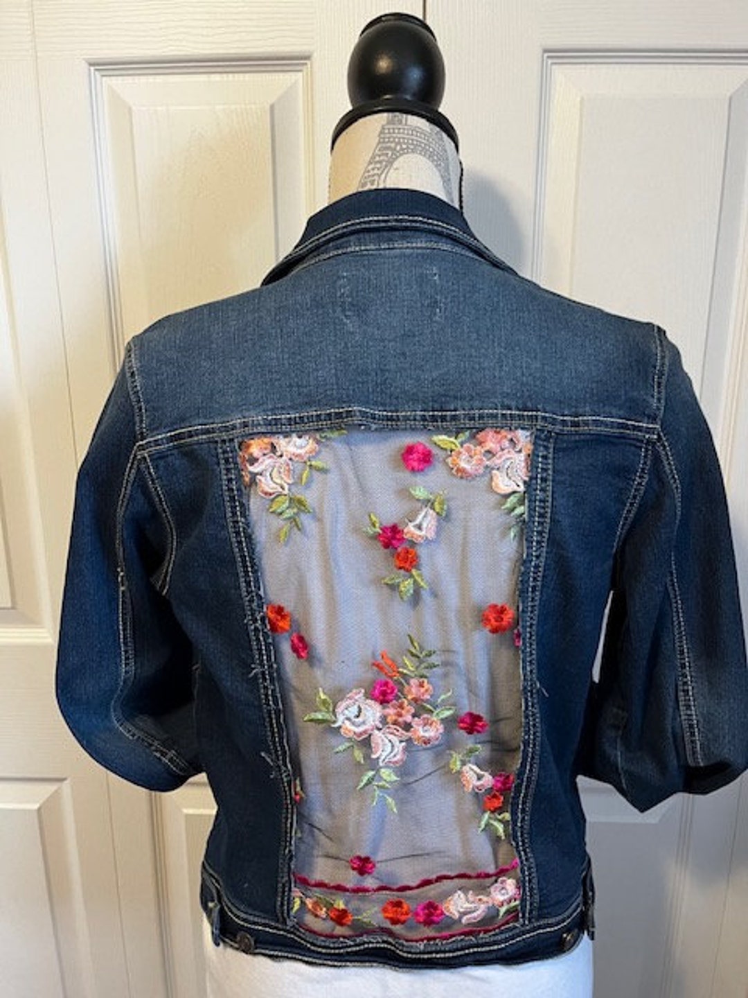 Jean Jacket Upcycled With Tulle Mesh Embroidered Fabric Size Medium ...