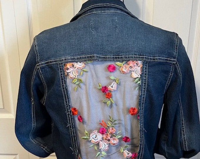 Jean Jacket Upcycled With Tulle Mesh Embroidered Fabric Size Medium ...