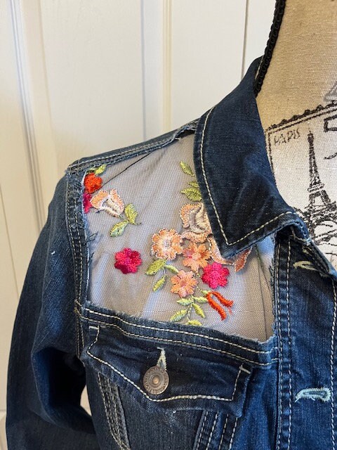 Jean Jacket Upcycled With Tulle Mesh Embroidered Fabric Size Medium ...