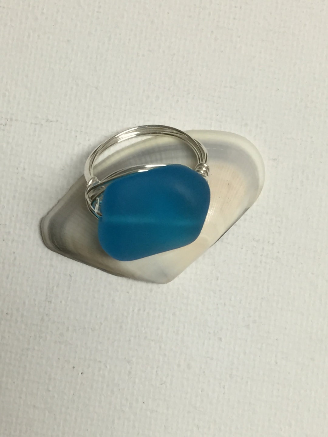Blue Geometric Sea Glass Silver Wire Wrapped Ring - Etsy