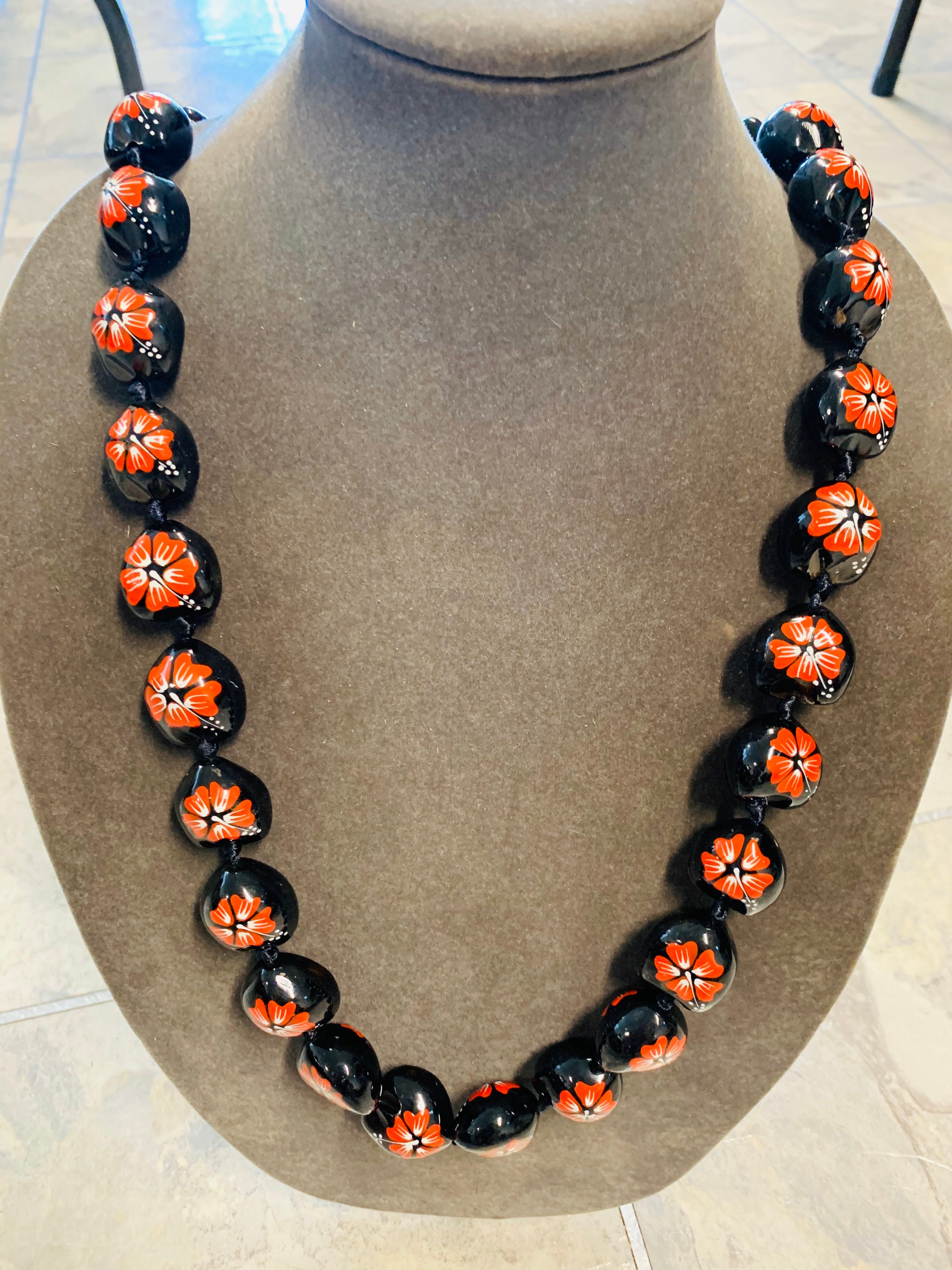 Hawaii Black Kukui Nut Lei With Painted Orange Hibiscus - Etsy