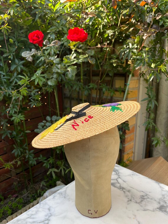 Rare vintage 1940s French riviera straw hat floral em… - Gem