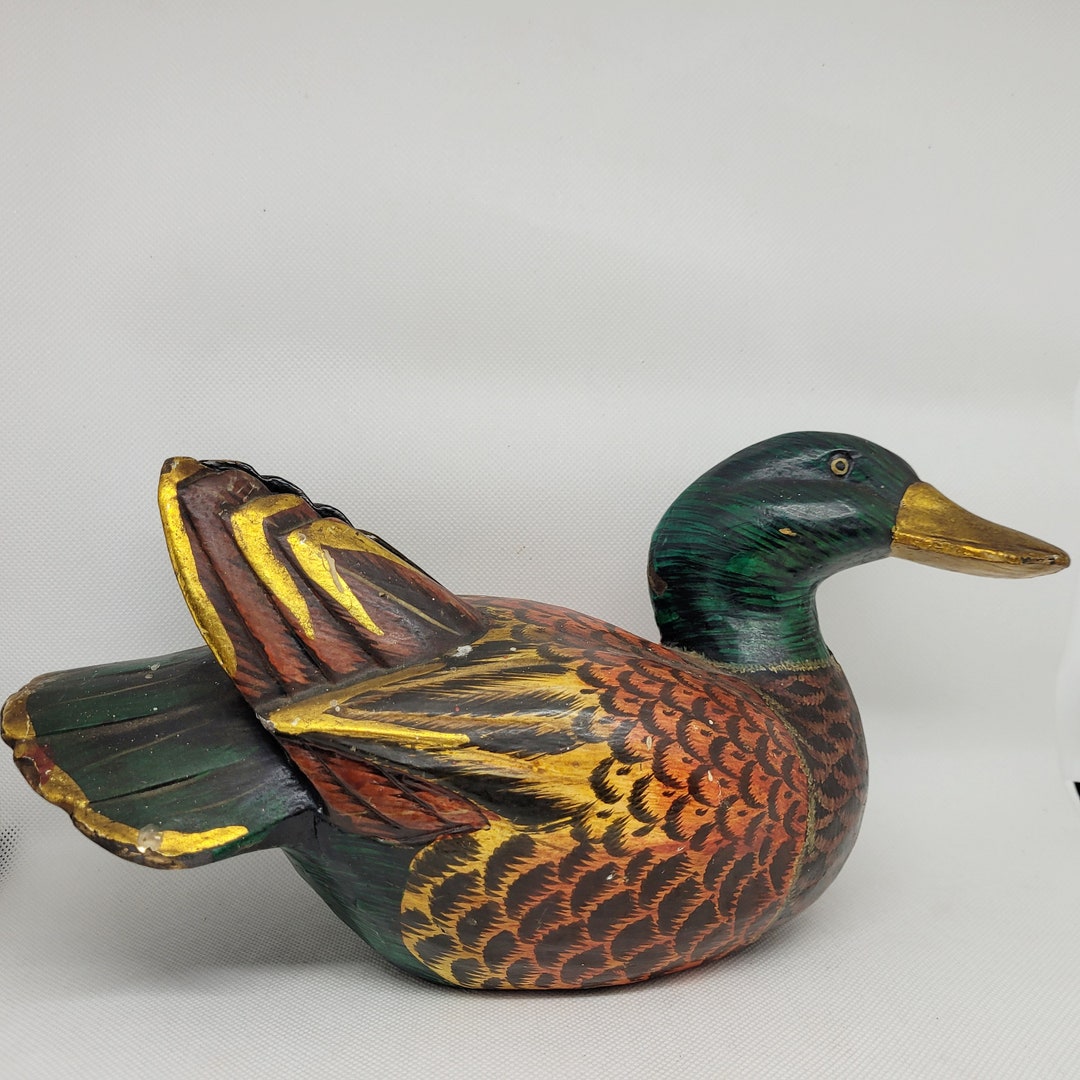 DUCK WOODEN SCULPTURE, Vintage Large Bird Figurine, Colorful Boho Home ...