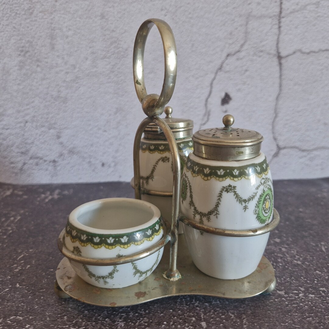 Antique Ceramic Condiment Holder With Metal Frame Vintage Salt Pepper ...