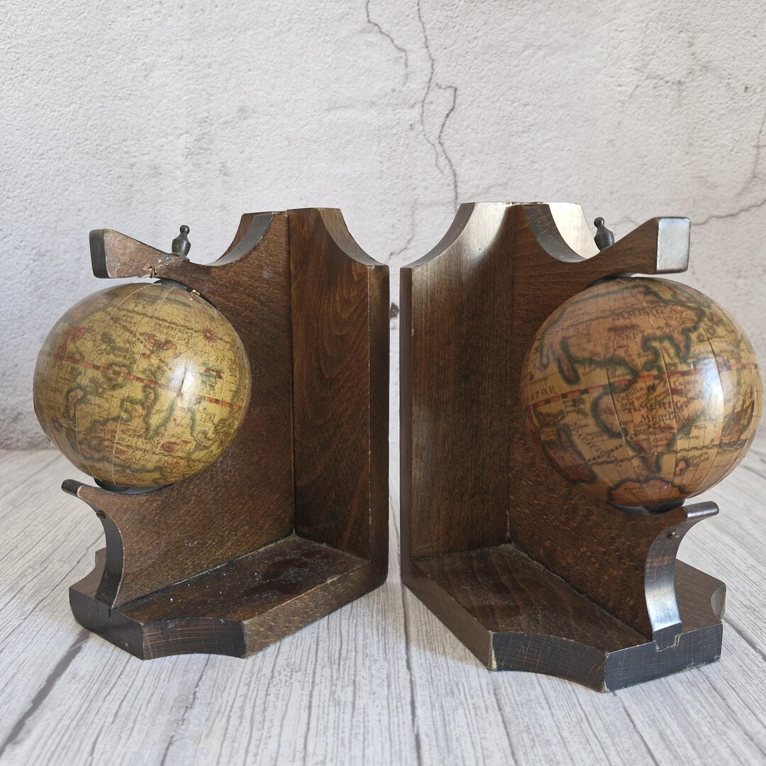 Vintage Wooden Globe Bookends, Rotating World Map Decor, Rustic Library ...