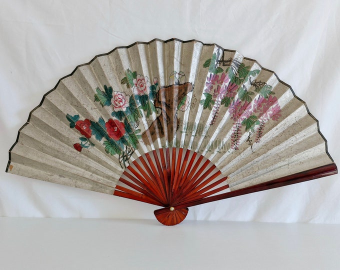 LARGE ASIAN WALL Fan, Oriental Wall Decor, Hand Painted Flowers Birds ...