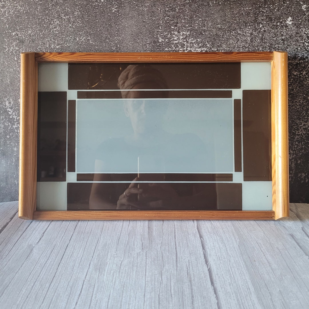MIDCENTURY GLASS SERVING Tray, Wood Handles Tray, Vintage German ...
