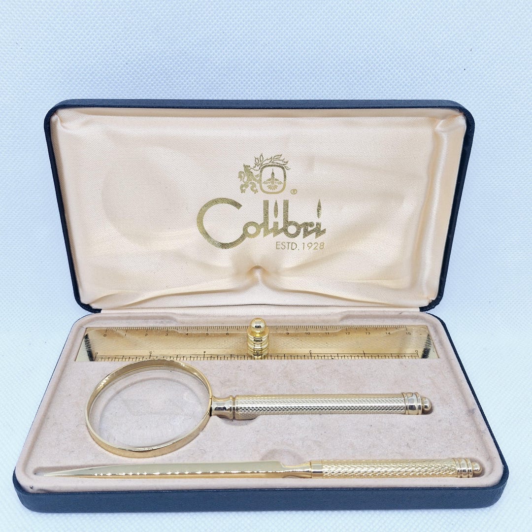 COLIBRI VINTAGE DESK Boxed Set, Reading Magnifying Glass, Brass Letter ...
